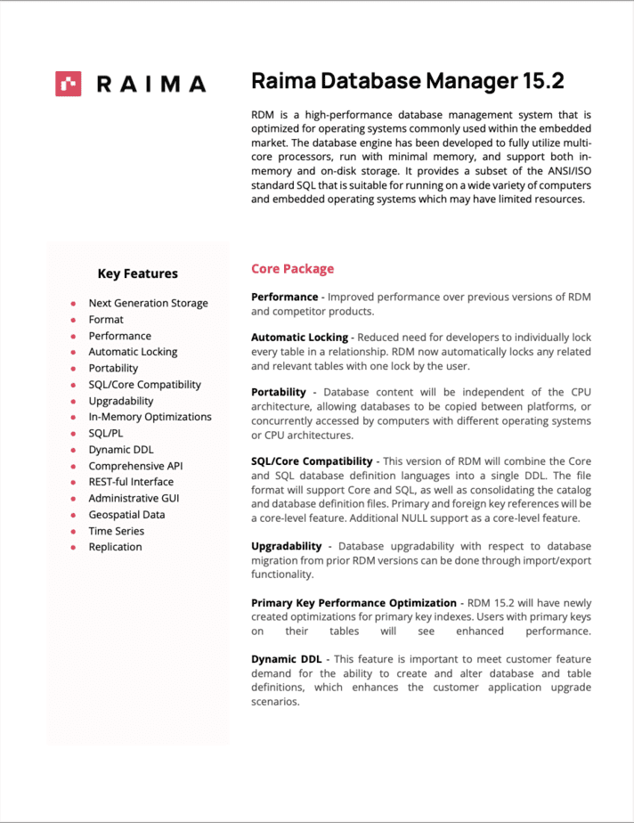 RDM 15.2 Data Sheet - Raima